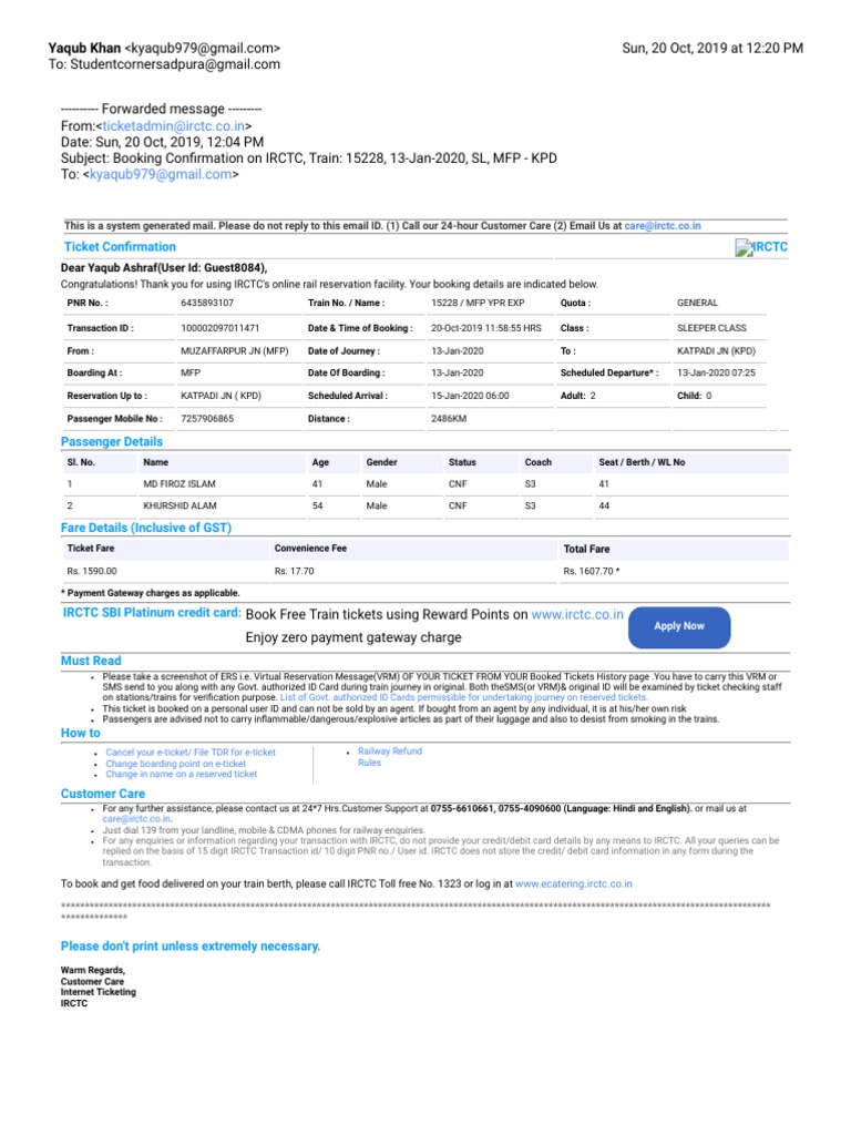 Book Train Ticket Confirmation IRCTC Train 15228, 13-Jan-2020, SL, MFP ...