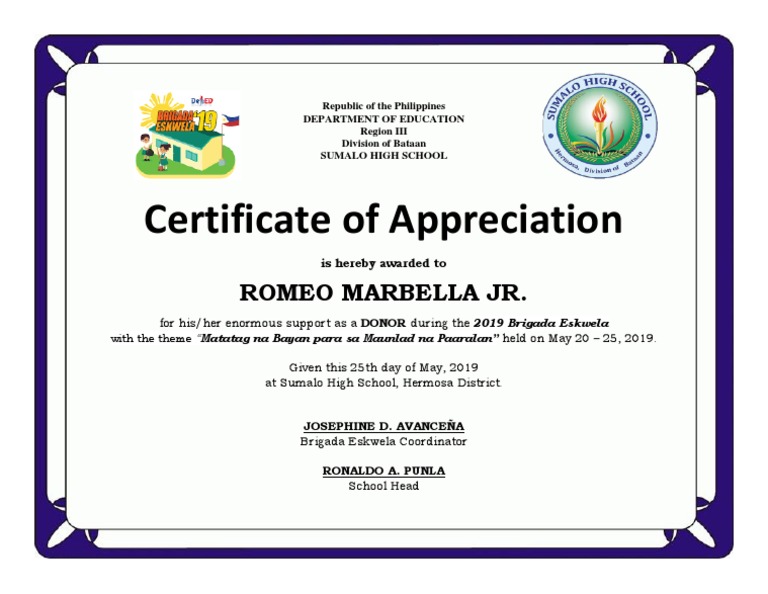 2019 BRIGADA ESKWELA Sample Certificate For DONOR | PDF