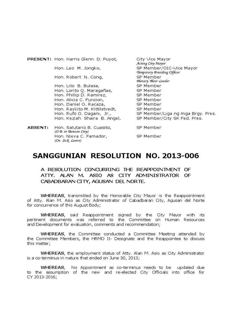Cabadbaran Sangguniang Resolution No. 2013-006 | PDF | Government