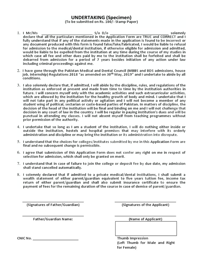 UNDERTAKING (Specimen) : - Solemnl | PDF | University And College Admission | Virtue