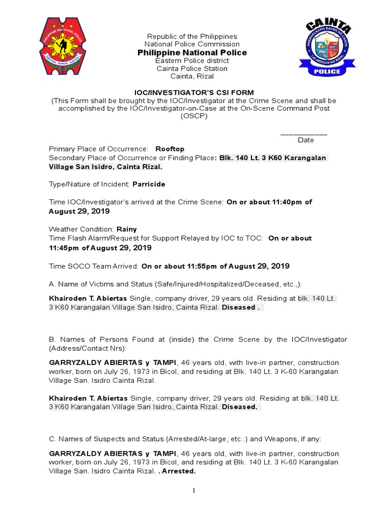 CSI Form 6 IOC - Investigators CSI Form | PDF | Criminal Justice ...