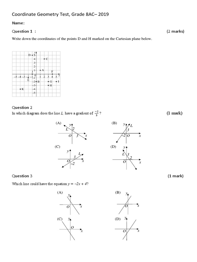 Grade 8 Coordinate Geometry Test | PDF | Analytic Geometry | Gradient