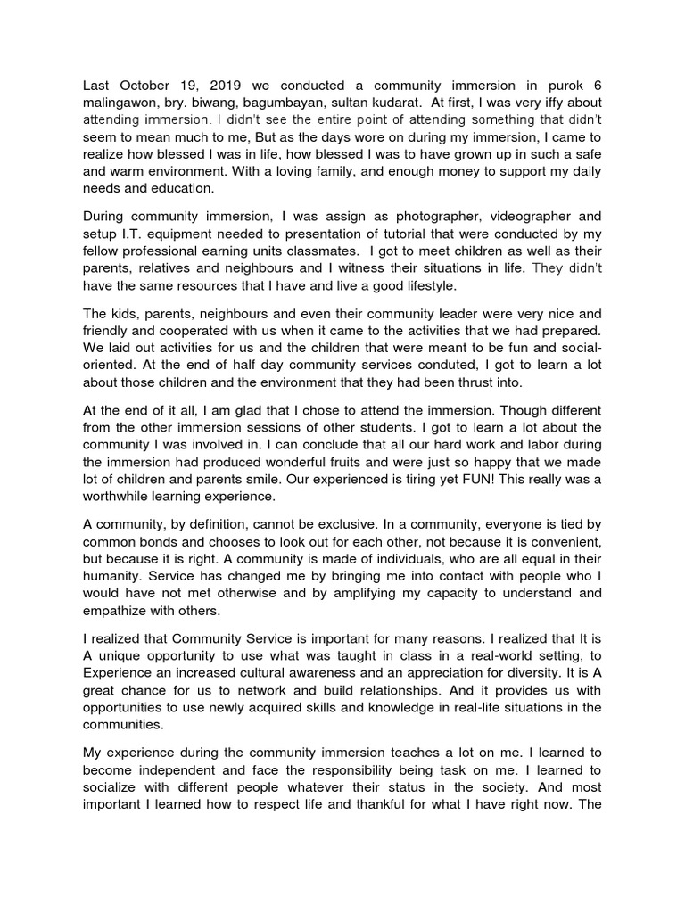 Reflection in Community Immersion | PDF | Community | Learning