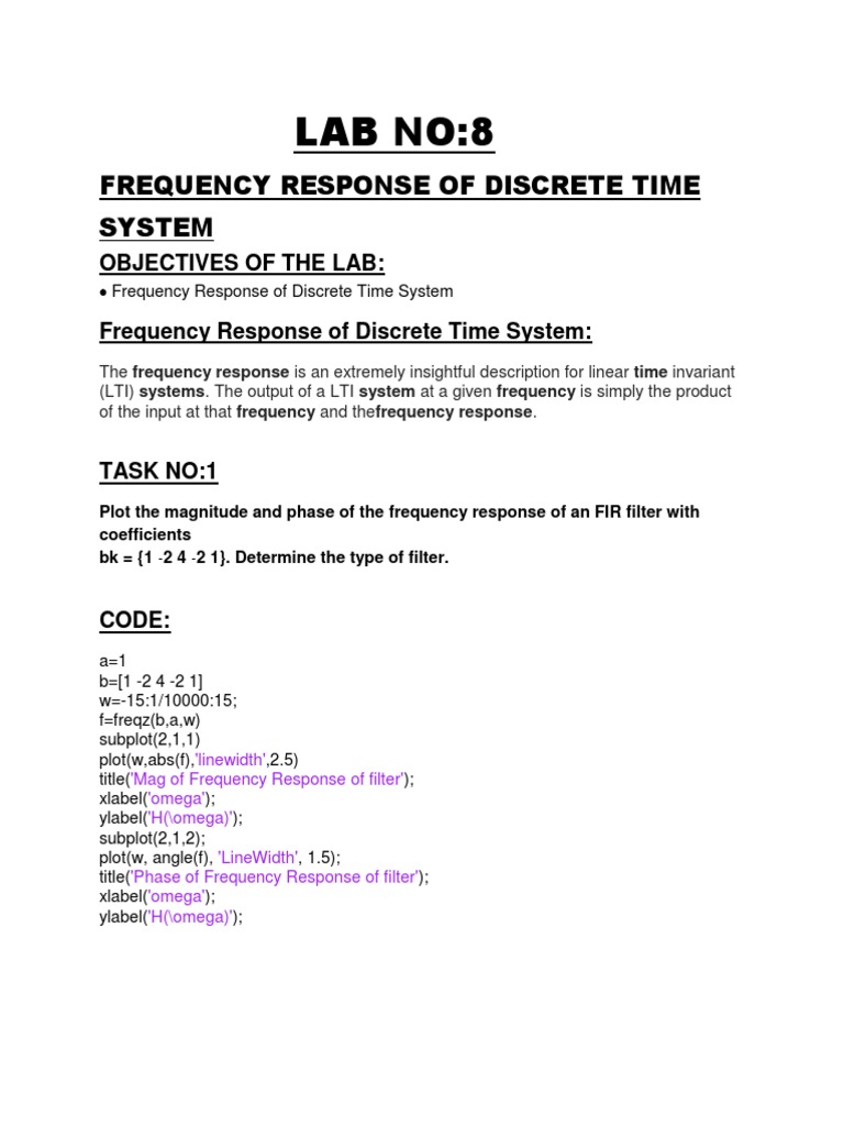 Lab No:8: Frequency Response of Discrete Time System | PDF | Teaching ...