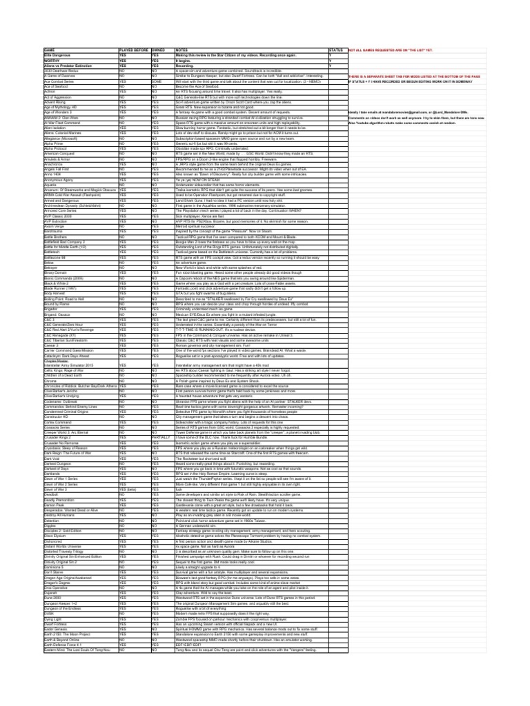 MANDALORE'S BIG SPREADSHEET OF GAMES TO REVIEW (And More!) PDF | PDF ...