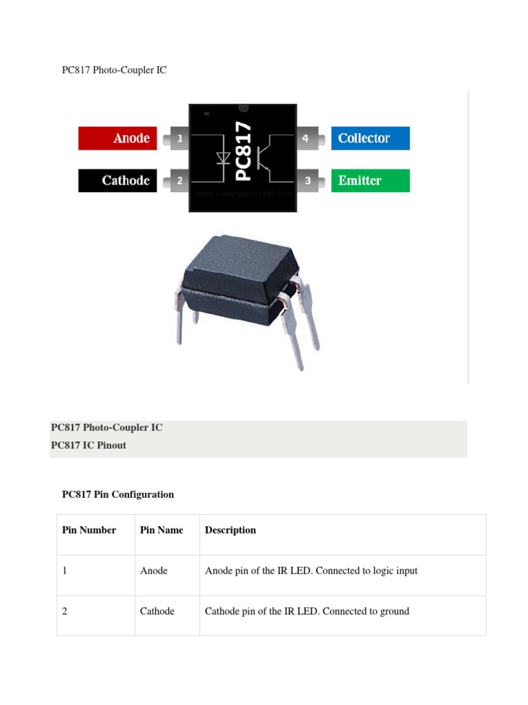 PC817 Photo-Coupler IC PC817 IC Pinout | PDF | Transistor | Light ...