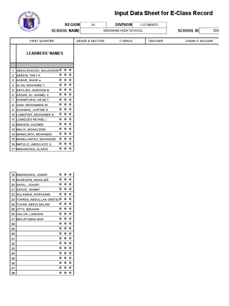 Input Data Sheet For E-Class Record: Region Division School Name School Id | PDF