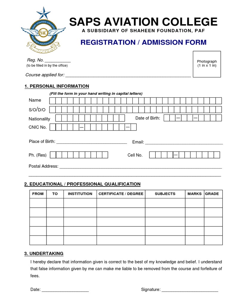 Saps Aviation College: Registration / Admission Form | PDF | Business