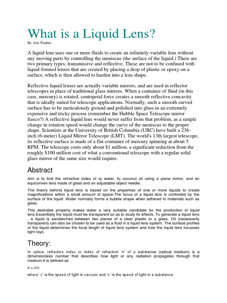 What Is A Liquid Lens?: by Alix Paultre | PDF | Lens (Optics ...