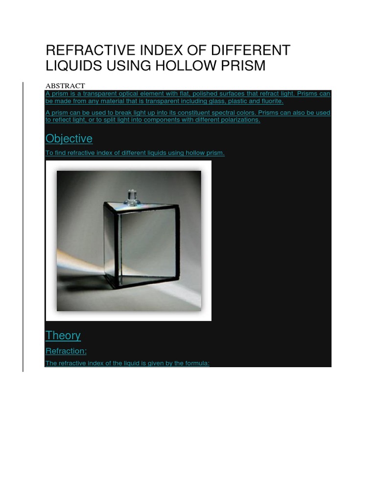 Refractive Index of Different Liquids Using Hollow Prism: Objective | PDF