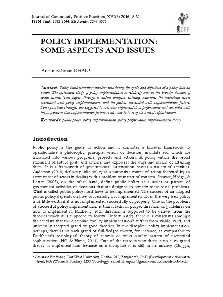 Policy Implementation: Some Aspects and Issues: Anisur Rahman KHAN ...