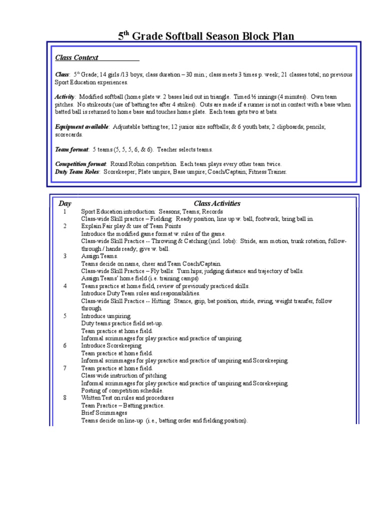 Softball Block Plan | PDF | Softball | Baseball Field
