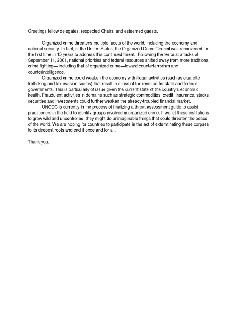 Opening Speech For Mun (UNODC) | PDF | Social Science
