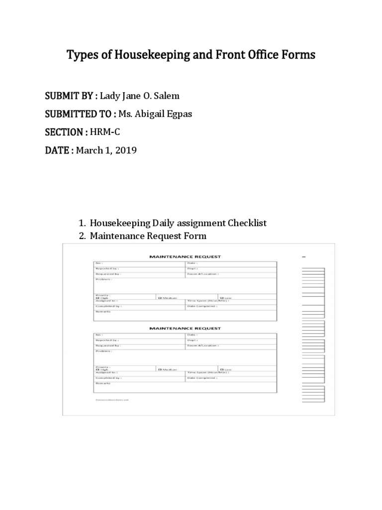 Housekeeping and Front Office Forms Guide | PDF