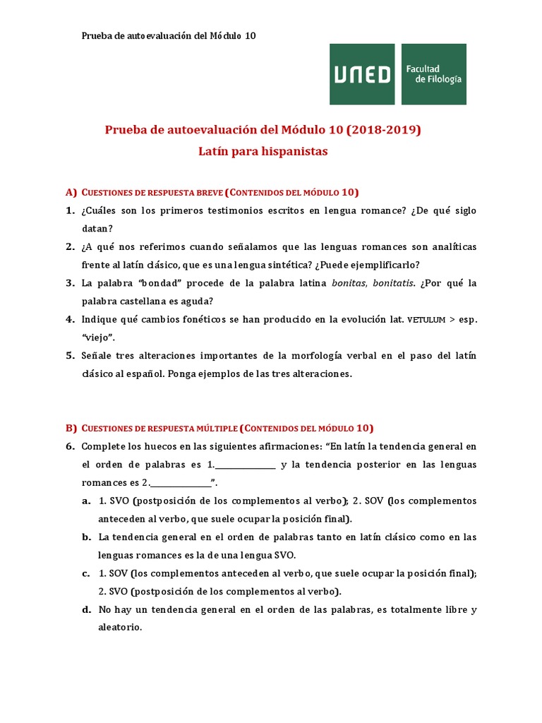 MÓDULO 10 Ejercicios de Autoevaluación (2018-2019) | PDF | latín | Palabra