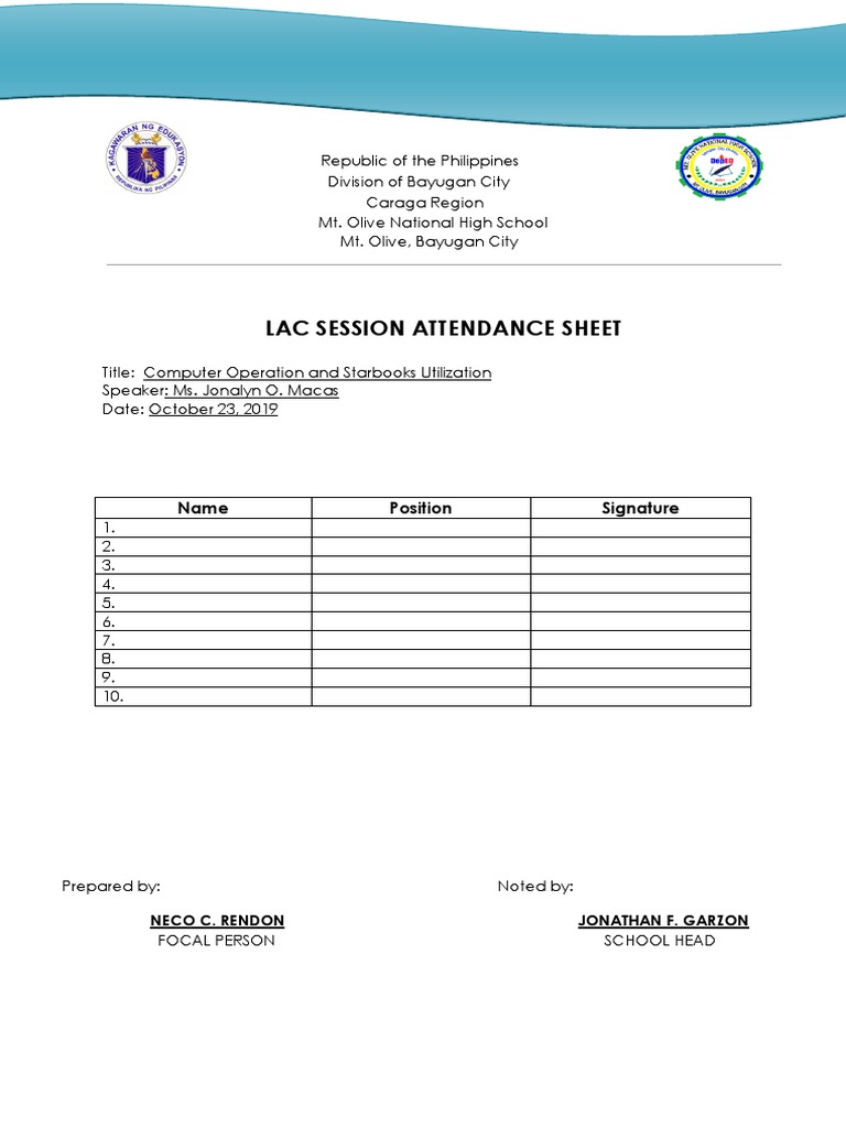 Lac Session Attendance Sheet: Name Position Signature | PDF