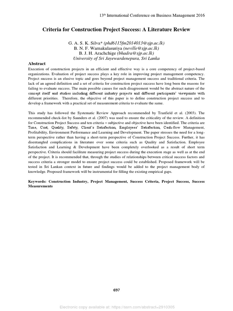 Criteria For Construction Project Success A Literature Review | PDF ...