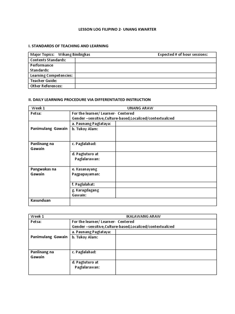 Lesson Log Filipino 2 | Download Free PDF | Differentiated Instruction ...