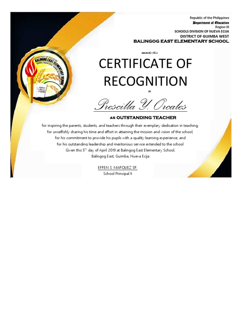 Certificate of Recognition: Prescilla Y. Orcales | PDF