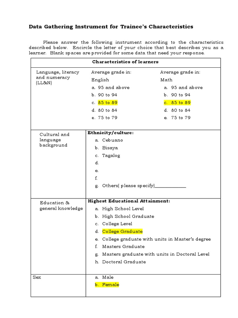 Data Gathering Instrument For Trainee's Characteristics | PDF ...