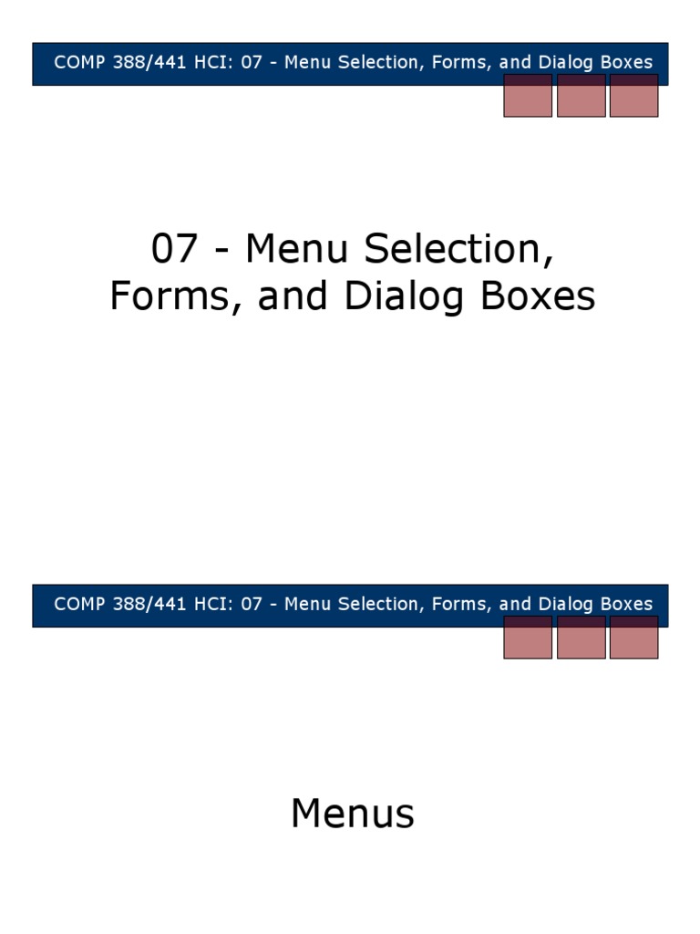 HCI: Menus, Forms, Dialogs Guide | PDF | Menu (Computing) | Dialog Box