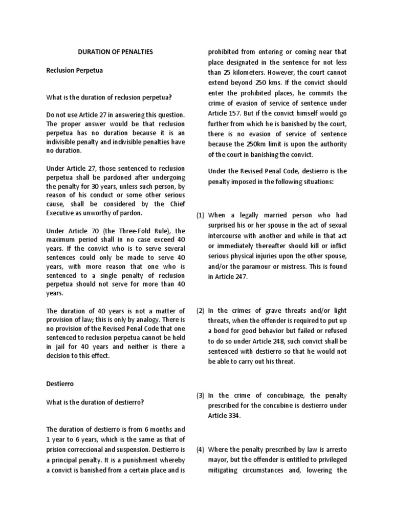 Duration of Reclusion Perpetua and Destierro | PDF | Sentence (Law ...