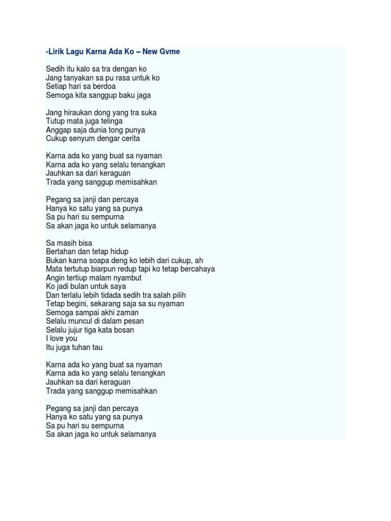 Lirik Lagu Karna Ada Ko - New Gvme | PDF
