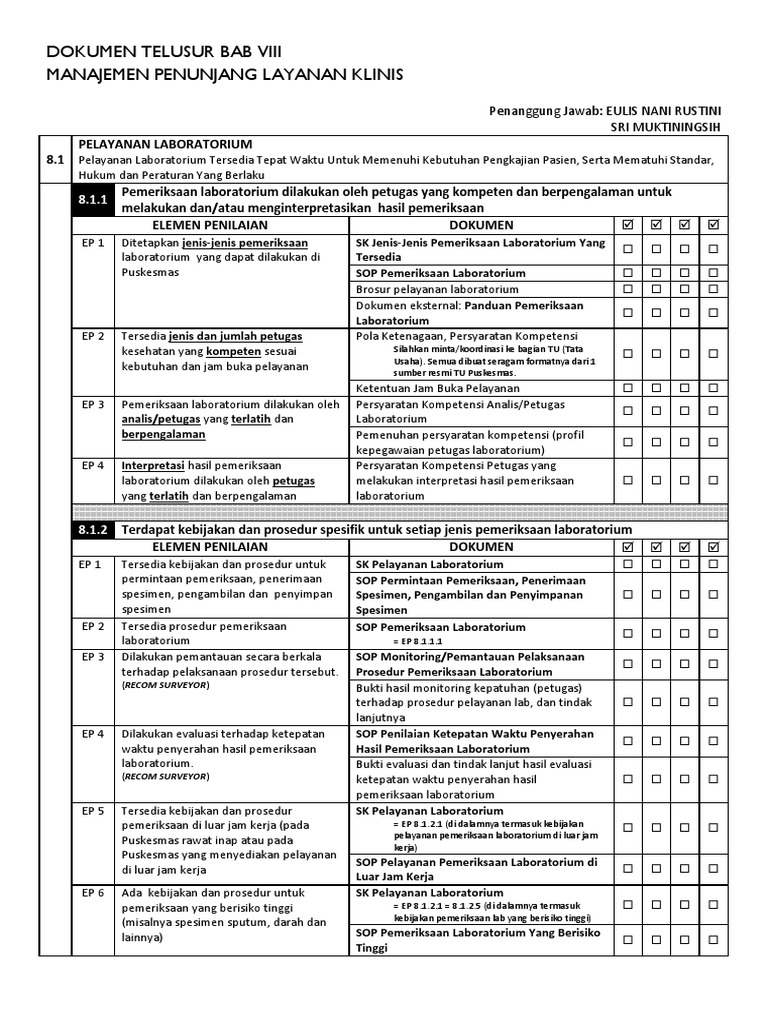 Checklist Dokumen Telusur 8.1 Laboratorium | PDF