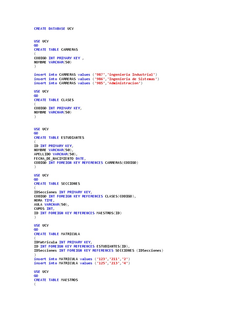 Base de Datos UCV: Tablas y Consultas SQL | PDF | Bases de datos | Gestión de datos