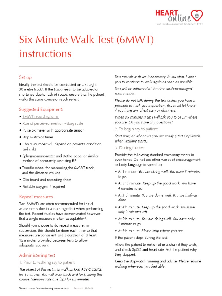 6mwt Standardised Instructions | PDF | Coronary Artery Disease | Heart