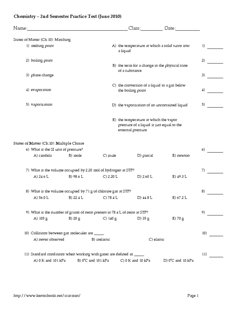 Chemistry-2nd Semester Exam Practice Test | PDF | Solution | Gases