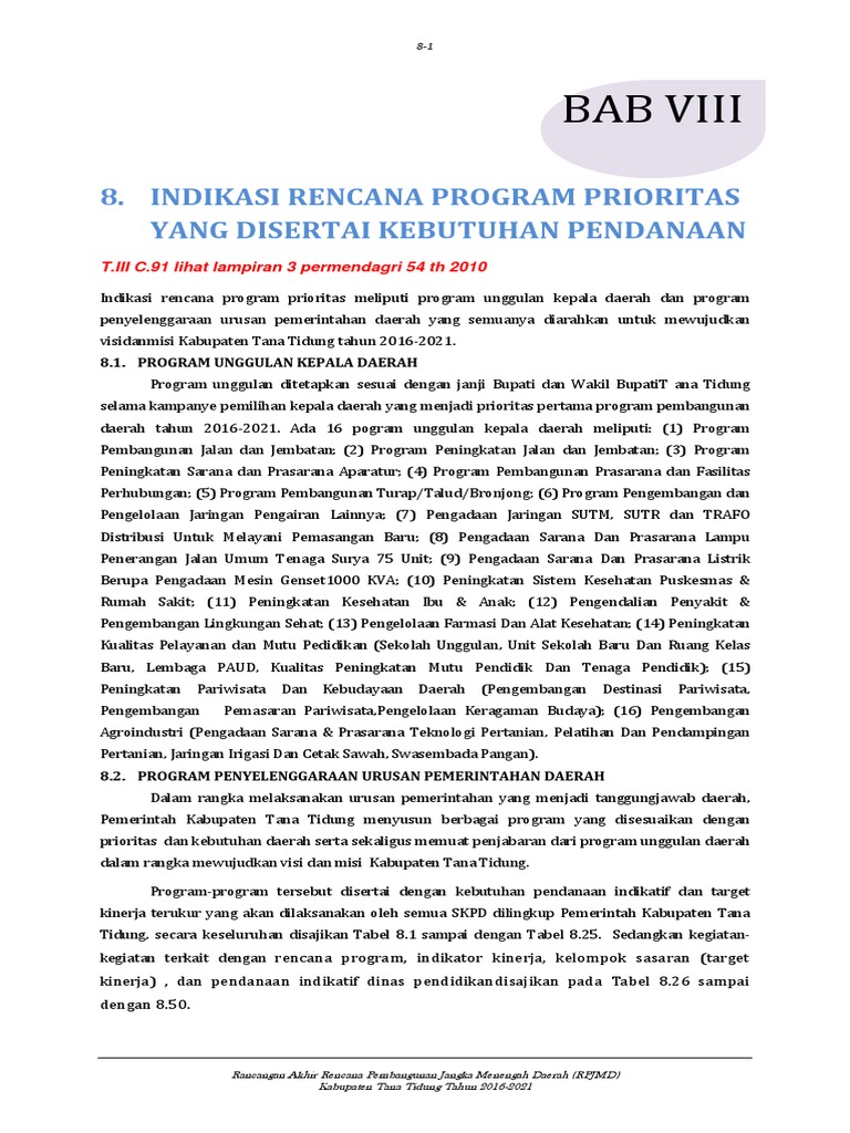 BAB 8-Indikasi Rencana Program Prioritas Yang Disertasi Dengan Kebutuhan Pendanaan-Rev6 | PDF