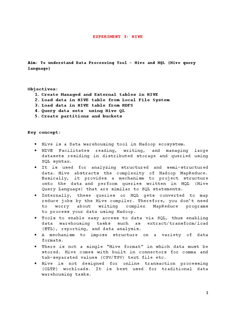 Experiment 3: Hive: Aim: To Understand Data Processing Tool - Hive and HQL (Hive Query Language ...