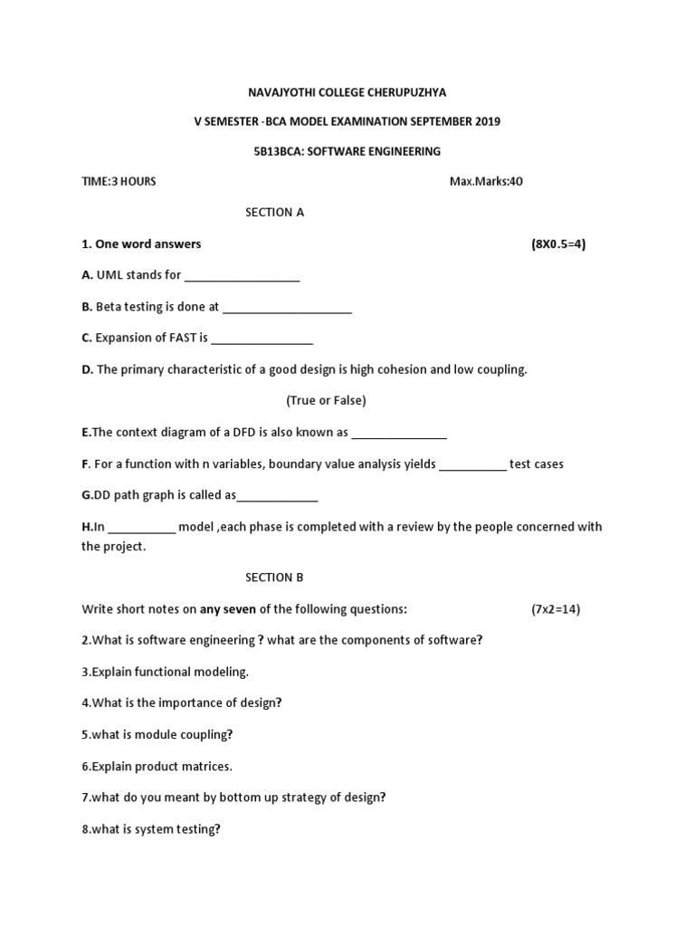 NAVAJYOTHI COLLEGE CHERUPUZHYA SOFTWARE ENGINEERING MODEL EXAM | PDF