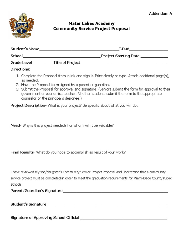 Mater Lakes Academy Community Service Project Proposal | PDF ...