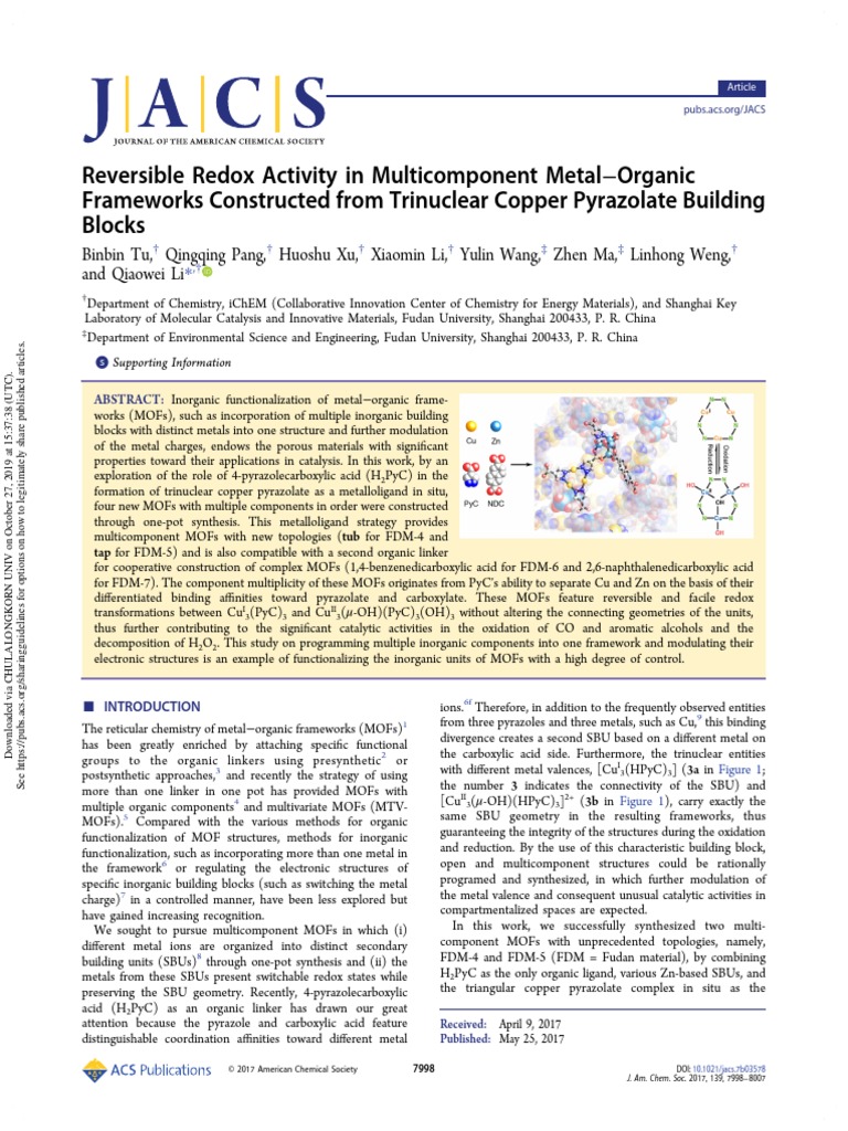 Reversible Redox Activity in Multicomponent Metal-Organic Frameworks ...