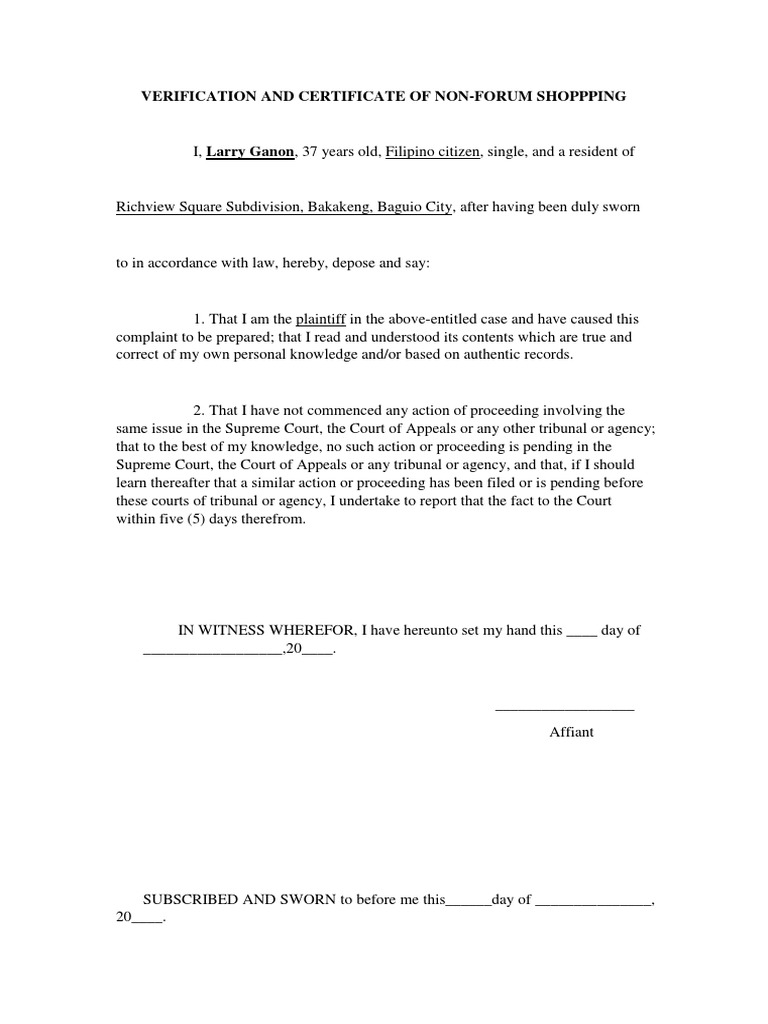 Verification and Certificate of Non-Forum Shoppping | PDF