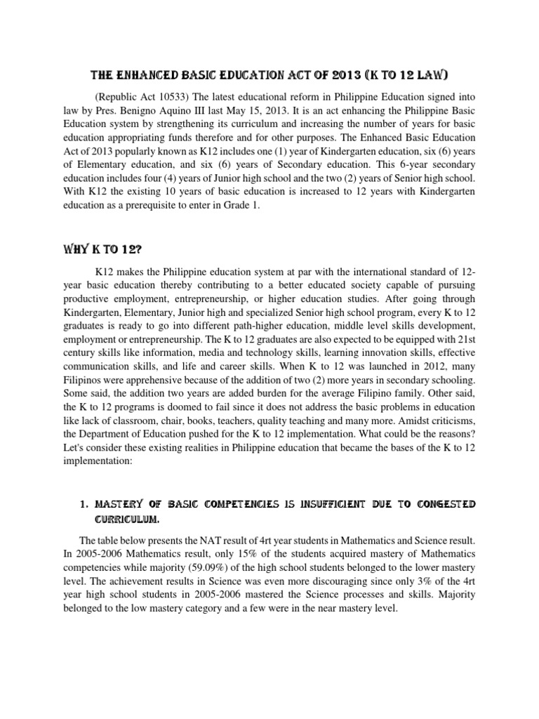 The Enhanced Basic Education Act of 2013 (K To 12 Law) | PDF ...