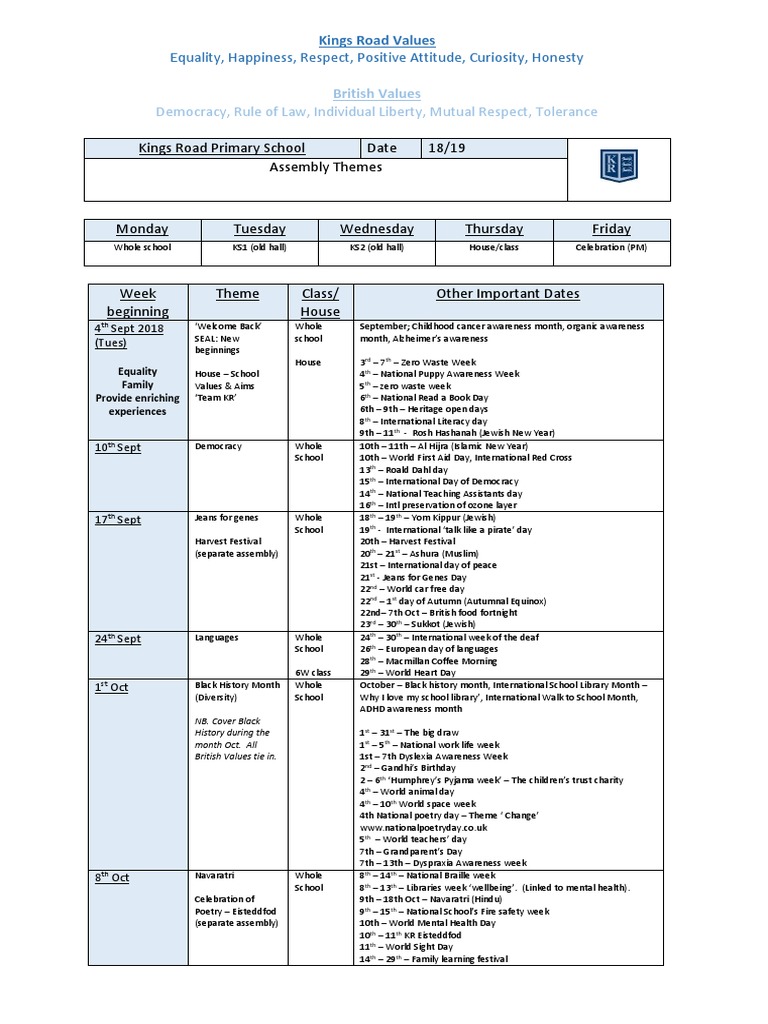 Kings Road Primary School Date 18/19 Assembly Themes | PDF | Rosh ...
