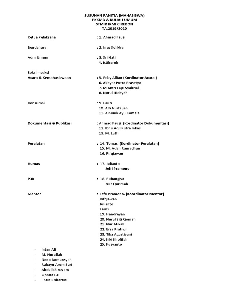 Susunan Panitia PKKMB STMIK IKMI 2019 | PDF