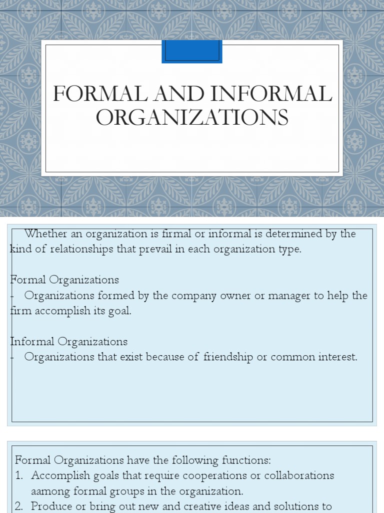 Formal and Informal Organizations | PDF | Goal | Employment