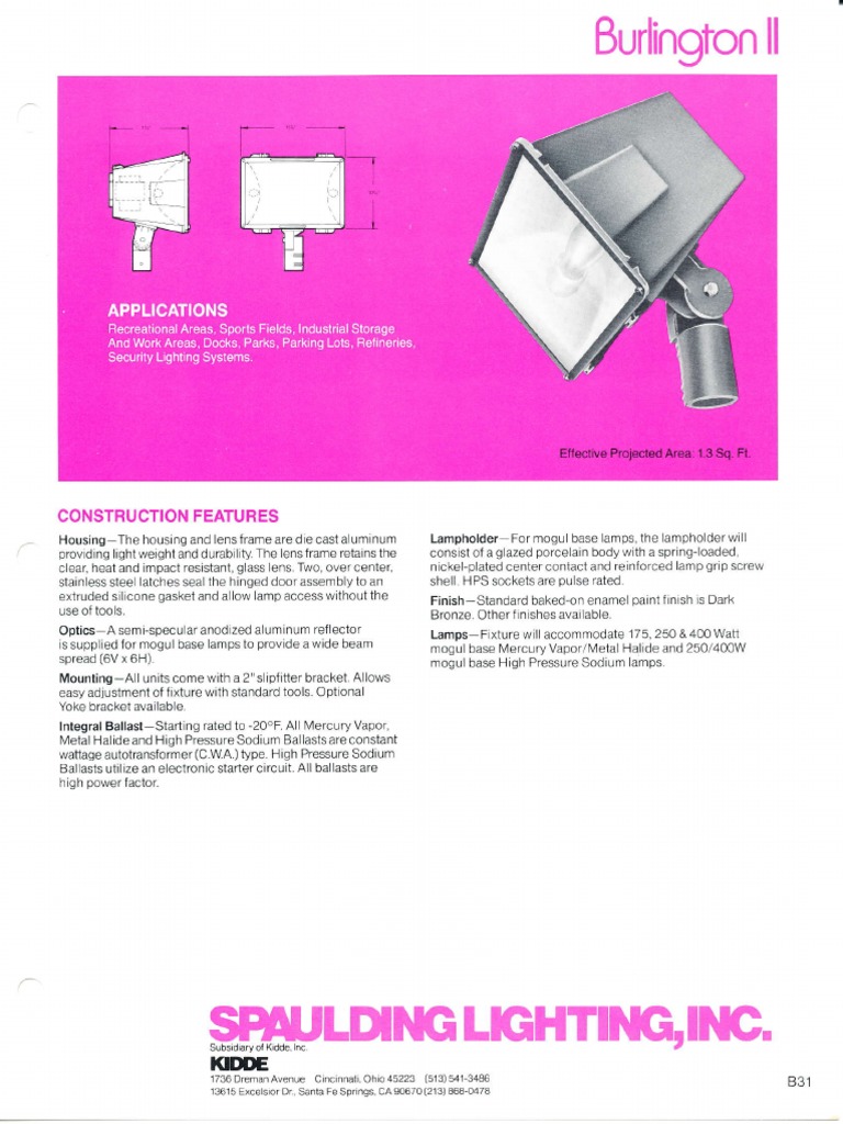 Spaulding Lighting Burlington II Floodlight Spec Sheet 4-86 | PDF ...