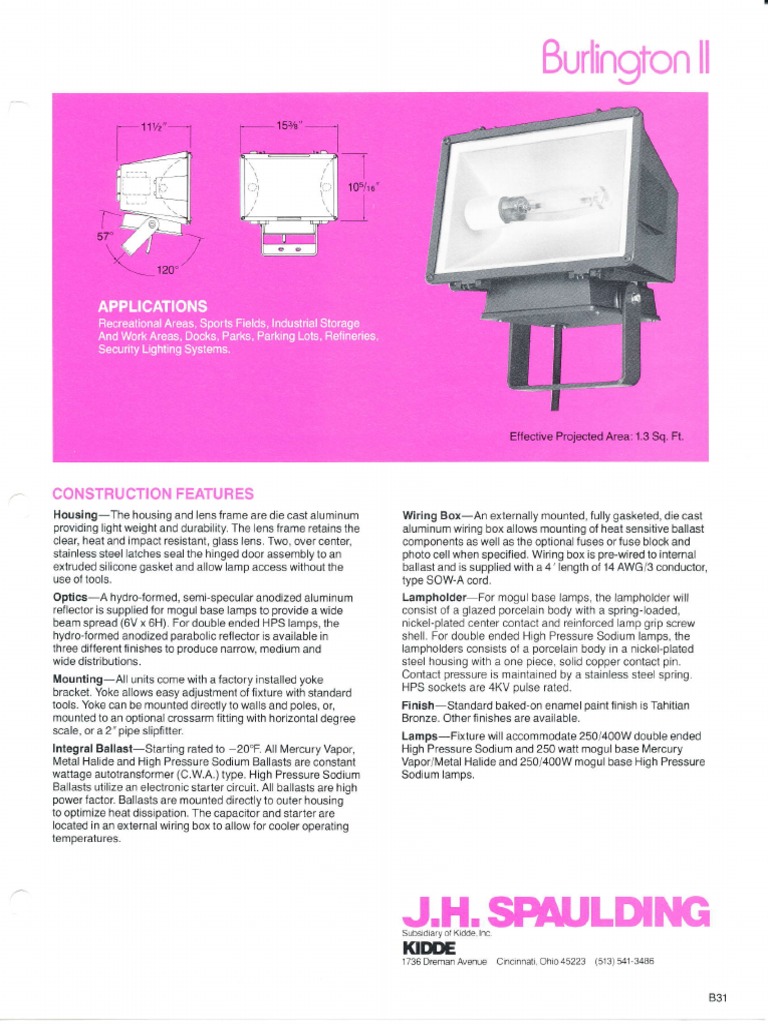 Spaulding Lighting Burlington II Floodlight Spec Sheet 8-84 | PDF ...
