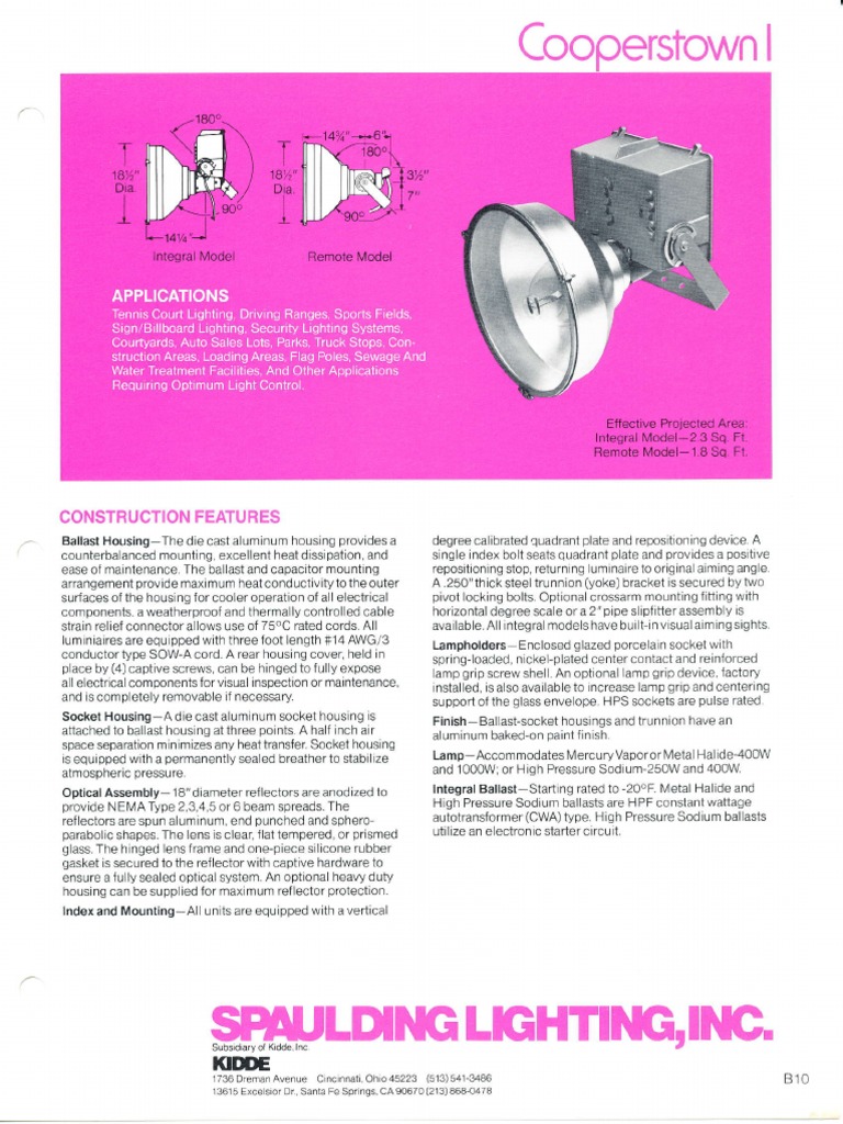 Spaulding Lighting Cooperstown I Floodlight Spec Sheet 4-86 | PDF ...
