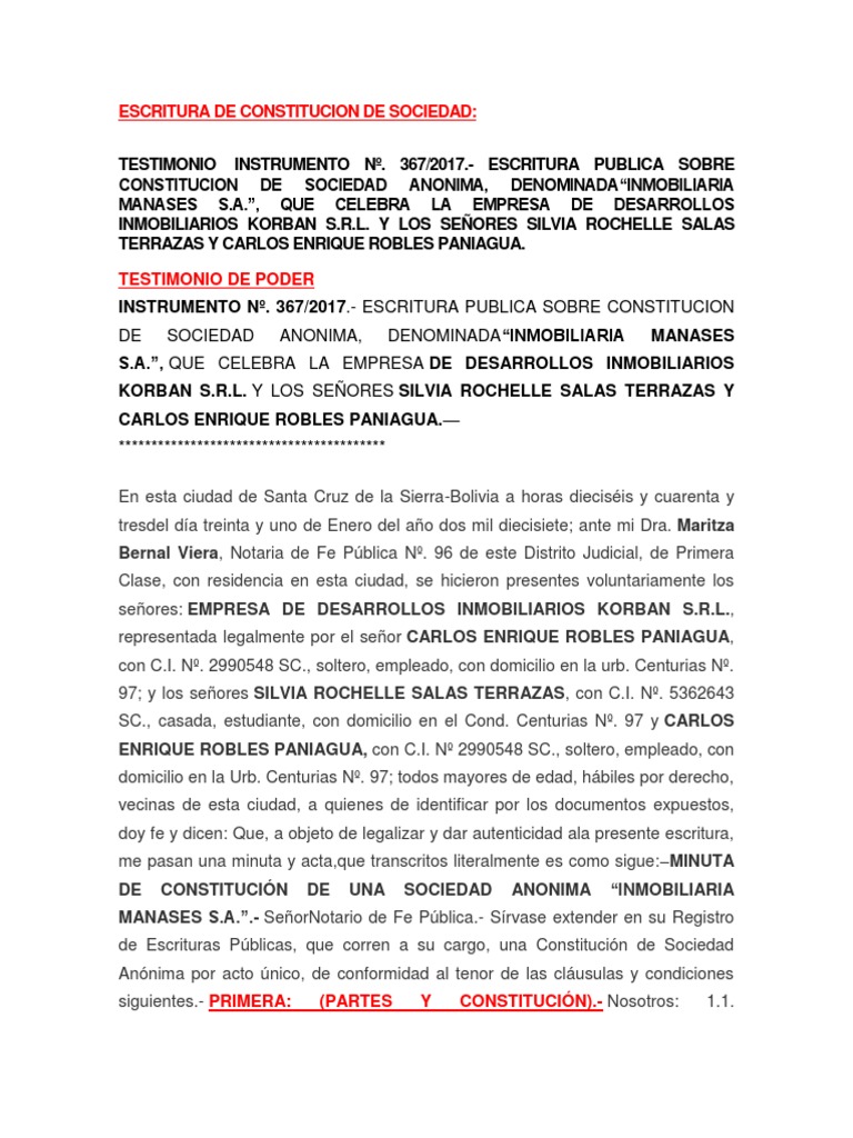 Escritura de Constitucion de Sociedad | PDF | Compartir (Finanzas) | Arrendamiento