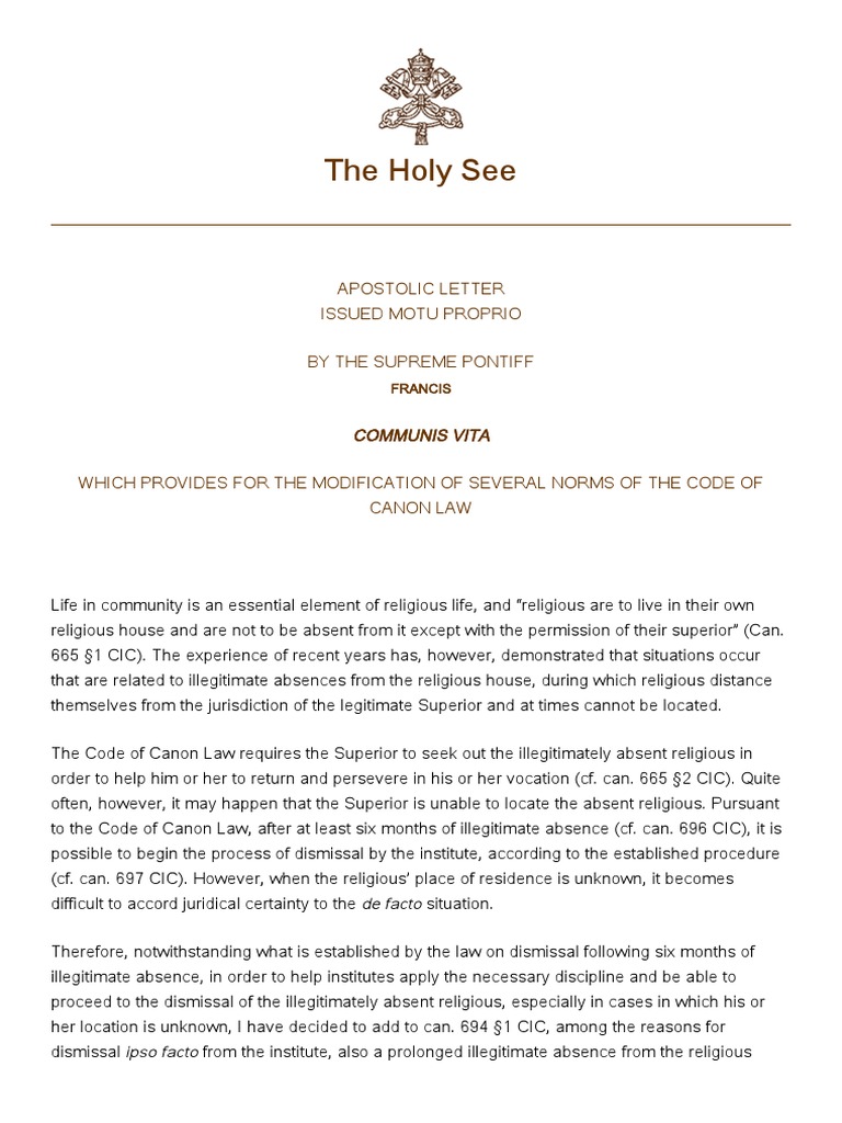 The Holy See: Apostolic Letter Issued Motu Proprio | PDF | Social ...