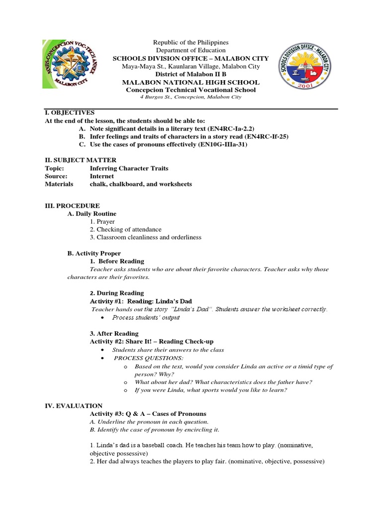 Inferring Character Traits Lesson Plan | PDF | Teachers | Learning