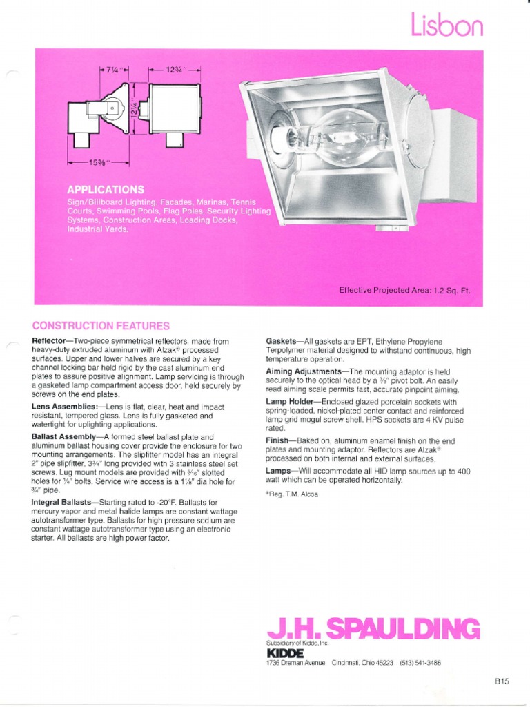 Spaulding Lighting Lisbon Floodlight Spec Sheet 8-84 | PDF | Screw ...