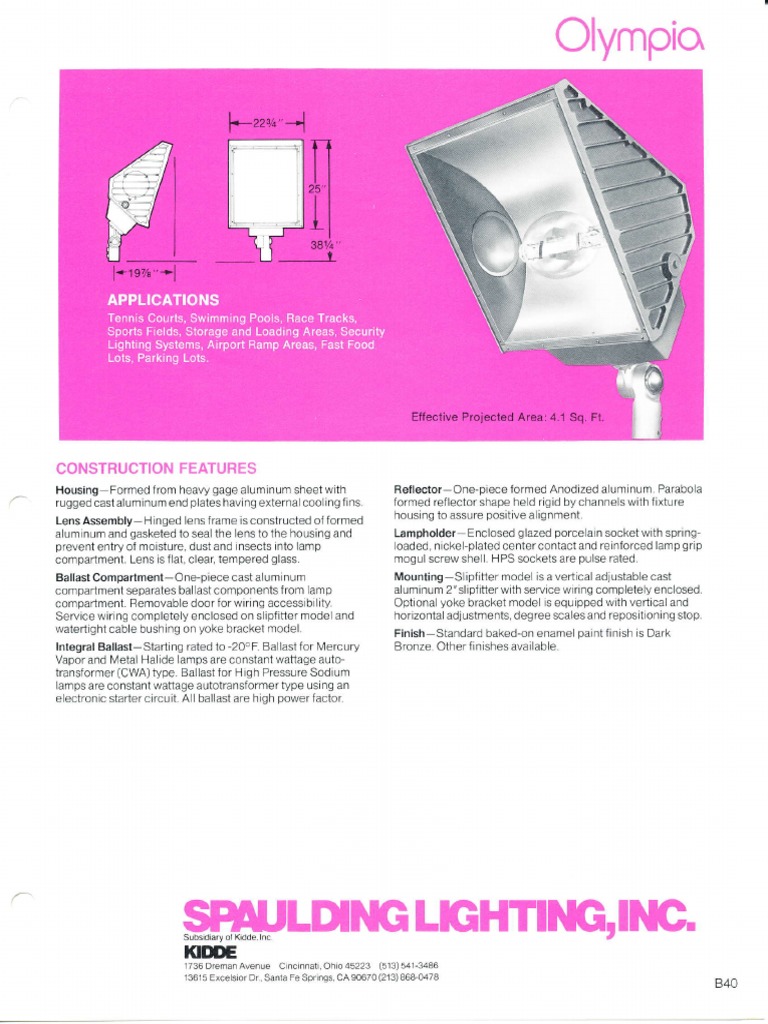Spaulding Lighting Olympia Floodlight Spec Sheet 4-86 | PDF | Light ...