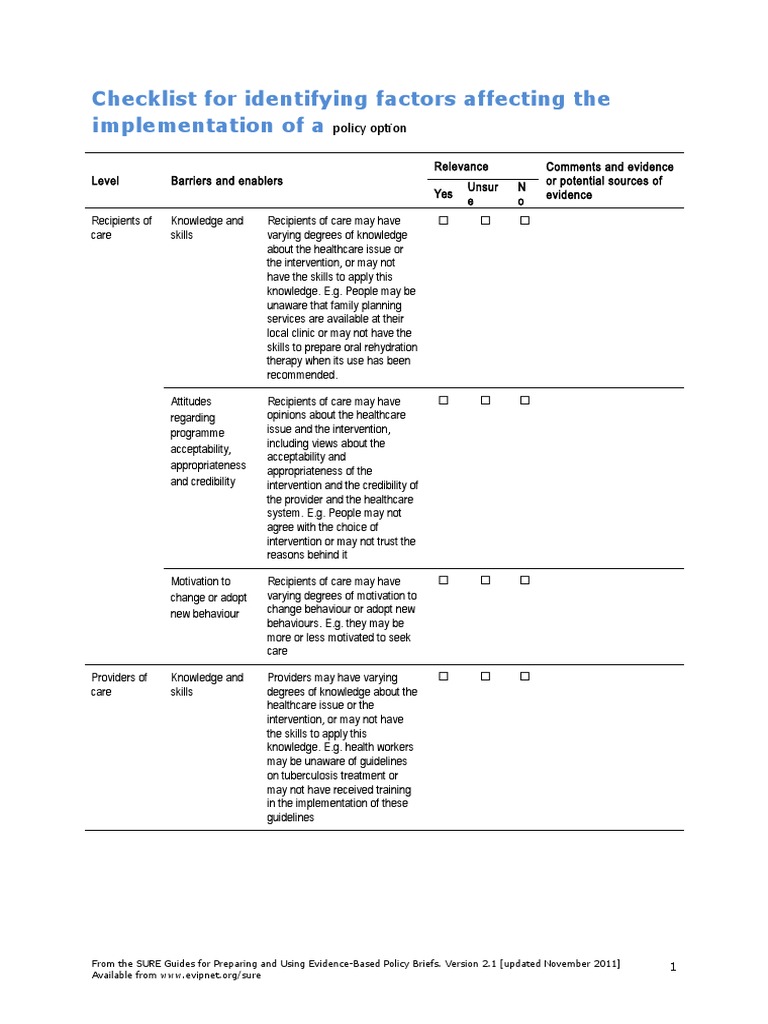Policy Implementation Factors Checklist | PDF | Evidence Based Medicine ...